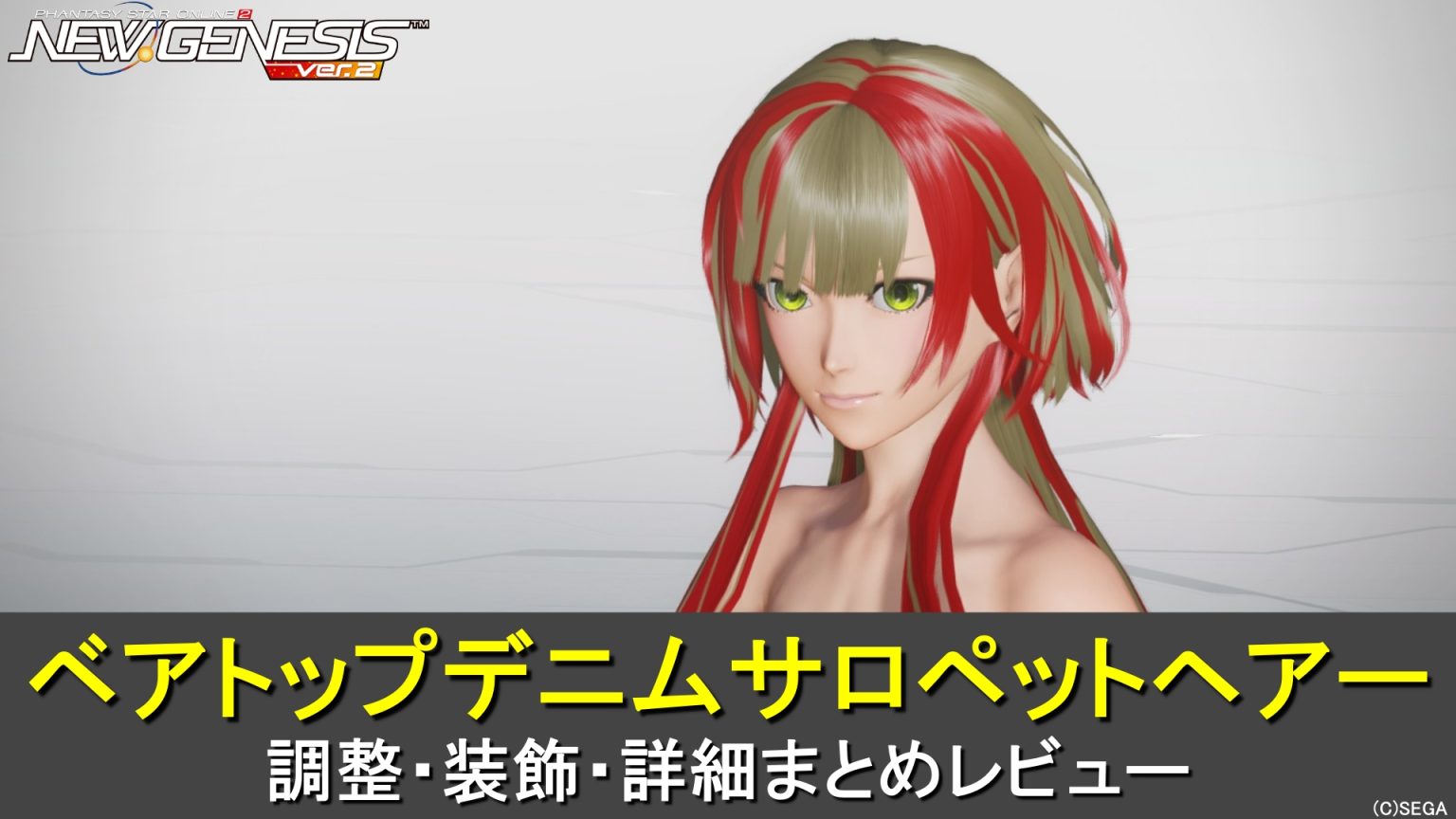 【PSO2NGS】ベアトップデニムサロペットヘアーの調整、装飾、レビューまとめ | ロボアークスのPSO2NGS攻略情報まとめ
